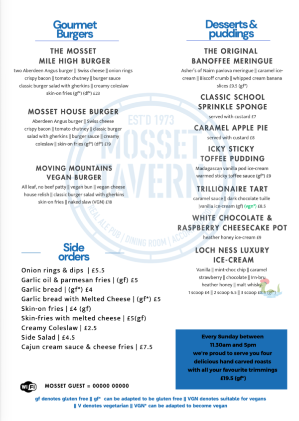 Menus – Mosset Tavern